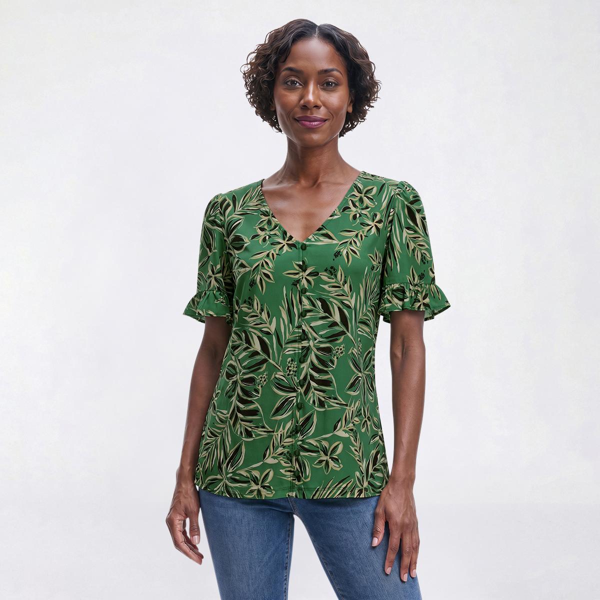Click here for Petite AK Anne Klein Short Ruffle Sleeve V Neck Fl... prices
